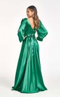 China V Neck A Line Satin Maxi Bridesmaid Dress with Slit Long Sleeve Sweep Train for Wedding for sale