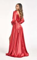 China V Neck A Line Satin Maxi Bridesmaid Dress with Slit Long Sleeve Sweep Train for Wedding for sale