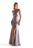 China Strapless Satin Bridesmaid Dress with Bow Neckline High Slit Fit and Flare Long for sale
