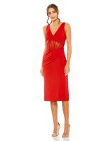 China Sleeveless V-Neck Chiffon Midi Dress with Corset Waist Ruching Detail for Wedding Cocktail for sale