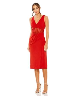 China Sleeveless V-Neck Chiffon Midi Dress with Corset Waist Ruching Detail for Wedding Cocktail for sale