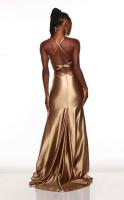 China Gold Satin Sleeveless High Slit Cocktail Dress with Cowl Neckline US 2-16 for sale