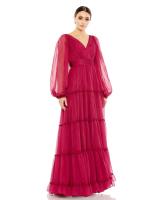 China Customized V Neck Chiffon Frilled Bishop Long Sleeve Mother of the Bride Dress Size 2-26W for sale