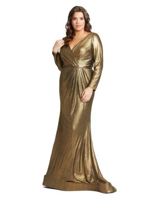 China Plus Size V Neck Long Sleeves Golden Luna Long Mother of the Bride Dress Column Silhouette for sale