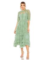 China Custom High Neck Ruffled Tea Length A-Line Mother of the Bride Dress Quarter Sleeve Sizes 2-26W for sale