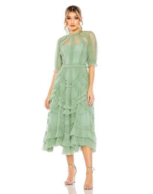 China Custom High Neck Ruffled Tea Length A-Line Mother of the Bride Dress Quarter Sleeve Sizes 2-26W for sale