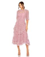 China Custom High Neck Ruffled Tea Length A-Line Mother of the Bride Dress Quarter Sleeve Sizes 2-26W for sale