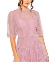 China Custom High Neck Ruffled Tea Length A-Line Mother of the Bride Dress Quarter Sleeve Sizes 2-26W for sale