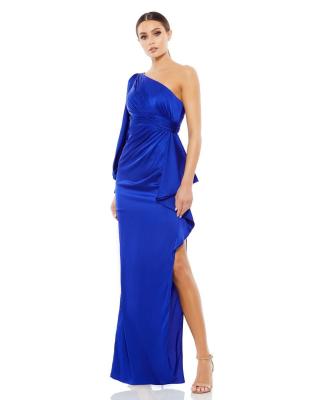 China Custom Made One Shoulder Long Sleeve Ruched Satin Dress Mother of Bride Sizes 2-26W for sale