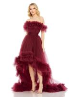 China Strapless Off Shoulder Ruffled Tulle Quinceanera Gown with High Low Hem and Sweep Train for sale