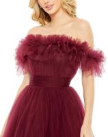 China Strapless Off Shoulder Ruffled Tulle Quinceanera Gown with High Low Hem and Sweep Train for sale