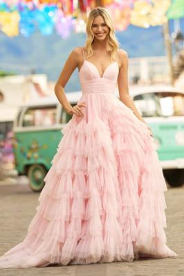 China Sleeveless Spaghetti Strap Ruched Tulle Ball Gown Prom Dress with V-Back and Sweep Train for sale