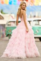 China Sleeveless Spaghetti Strap Ruched Tulle Ball Gown Prom Dress with V-Back and Sweep Train for sale