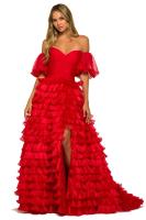 China Strapless Tiered A-Line Slit Gown with Bubble Sleeves Long Train Prom Dress Organza Fabric US 2-26W for sale