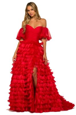China Strapless Tiered A-Line Slit Gown with Bubble Sleeves Long Train Prom Dress Organza Fabric US 2-26W for sale