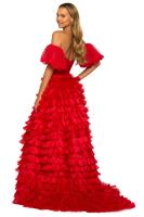 China Strapless Tiered A-Line Slit Gown with Bubble Sleeves Long Train Prom Dress Organza Fabric US 2-26W for sale
