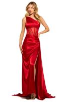 China Custom Asymmetrical One Shoulder Prom Gown with Corset Bodice and High Slit Long Train for sale