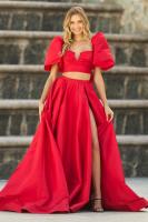 China Taffeta Prom Gown with Notch Neckline Balloon Sleeves High Slit A-Line Silhouette US 2-26W for sale