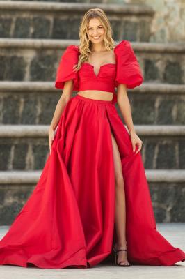 China Taffeta Prom Gown with Notch Neckline Balloon Sleeves High Slit A-Line Silhouette US 2-26W for sale