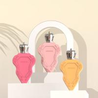 China 100ml Glass Perfume Bottles Unique Crown Cap Shield Shape Spray Crimp Neck Empty for sale