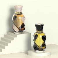 China 100ml Glass Perfume Bottles Unique Curved Design Flared Cap Empty Spray for sale