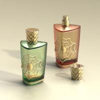 China 100ml Glass Perfume Bottles Empty Unique Spray Triangle Spider Web Metal Cap for sale