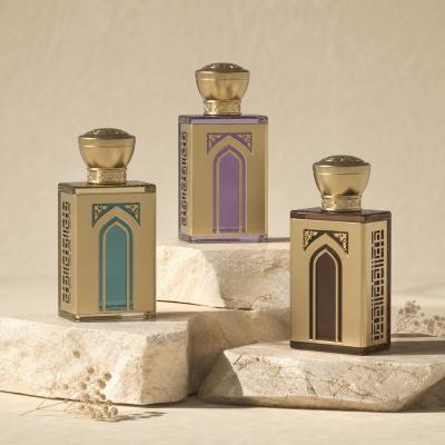 China 100ml Glass Perfume Bottles Unique Rectangle Dome Metal Cap Empty Spray Crimp Neck for sale