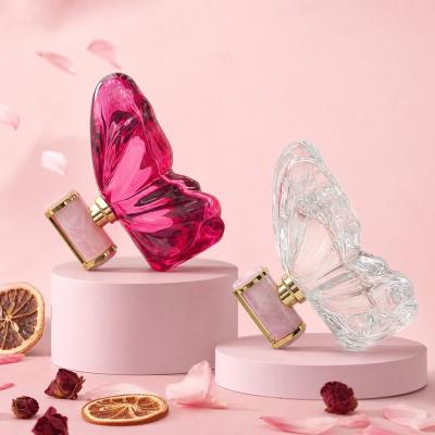 China 80ml Glass Perfume Bottles Butterfly Shaped Red Pink Marble Cap Empty Elegant for sale