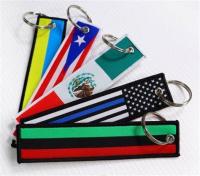 China Custom Woven Logo Embroidered Keyring Jet Tag 3x13cm Polyester Keychain for Motorcycle Car Anime for sale