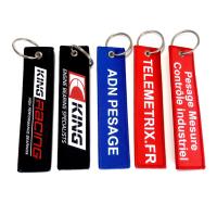 China Custom Woven Logo Embroidered Keyring Jet Tag 3x13cm Polyester Keychain for Motorcycle Car Anime for sale