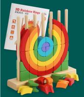 China Eco Friendly Washable Montessori Wooden Rainbow Rings Puzzle Toy 54pcs 21.3x23cm for sale