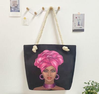 China African Style Canvas Tote Bag 17.7x13.7x4.7 inch Large Capacity Shopping Handbag for Women for sale