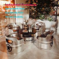 China Oil Drum Round Coffee Table Set Vintage Dining Chair Table Set Silver for sale