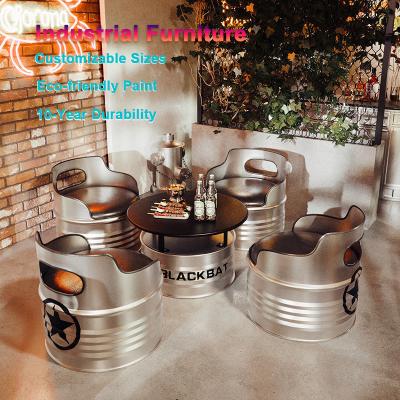 China Oil Drum Round Coffee Table Set Vintage Dining Chair Table Set Silver for sale