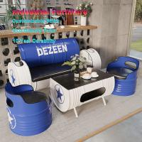 China Metal Oil Drum Furniture Set Blue White Sofa Table Chairs 145x59x80 cm Iron Frame PU Leather for sale