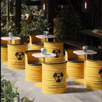 China Industrial Oil Drum Table and Chair Set Iron Frame PU Leather 12 Colors Outdoor Cafe Furniture for sale