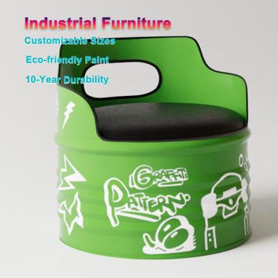 China Vintage Industrial Oil Drum Bar Stool 58cm Height Durable Iron Frame PU Leather for sale