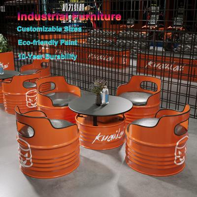 China Durable Iron Frame Industrial Bar Furniture with Premium PU Leather and Customizable Colors Oil Drum Table and Chair for sale
