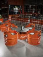 China Durable Iron Frame Industrial Bar Furniture with Premium PU Leather and Customizable Colors Oil Drum Table and Chair for sale
