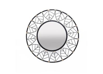 China Black Round Frame Leaves Dotted With Gold Design Mirrored Metal Wall Art For Outdoor Indoor for sale