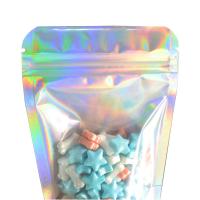 China Custom Printing Holographic Stand Up Pouch Mylar Zipper Bags One Side Clear For Food for sale