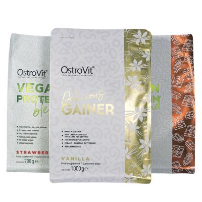 China Custom Flat Bottom Bag Vegan Protein Powder Heat Seal Stand Up Pouches for sale