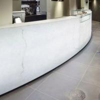 China JAFFA Custom Acrylic Round Reception Desk, LED Grid Illuminated Counter, Curved Service Desk for Hospital/Office/Commercial Space for sale