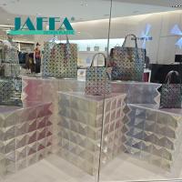 China JAFFA Custom Acrylic Store Display Pedestal, Gradient Geometric Pattern Stand, Luxury Acrylic Platform for Apparel & Bag Stores for sale