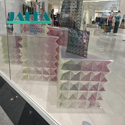 China JAFFA Custom Acrylic Store Display Pedestal, Gradient Geometric Pattern Stand, Luxury Acrylic Platform for Apparel & Bag Stores for sale