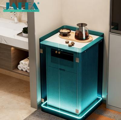China Custom Acrylic Hotel Mini Bar Cabinet with LED Lighting | Smart Guest Room Tea Cabinet | Luxury Ambient Light Sideboard for sale