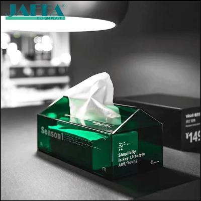 China JAFFA Custom Acrylic House-Shaped Tissue Box, Luxury Gradient Green Transparent Tissue Holder, Minimalist Desktop Storage Box for Living Room for sale