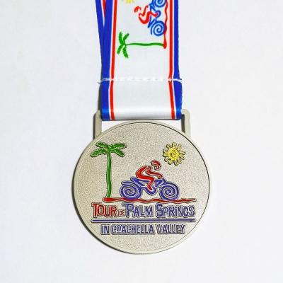 China 2.5 Inch Round Zinc Alloy Sports Medal Matte Nickel Finish Heat Transferred Ribbon Custom for sale
