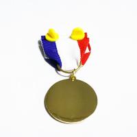 China Custom Iron Badge Medals Gold Finish 35mm with Short Ribbon and Rubber Clutch for sale