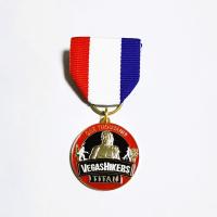China Custom Iron Badge Medals Gold Finish 35mm with Short Ribbon and Rubber Clutch for sale